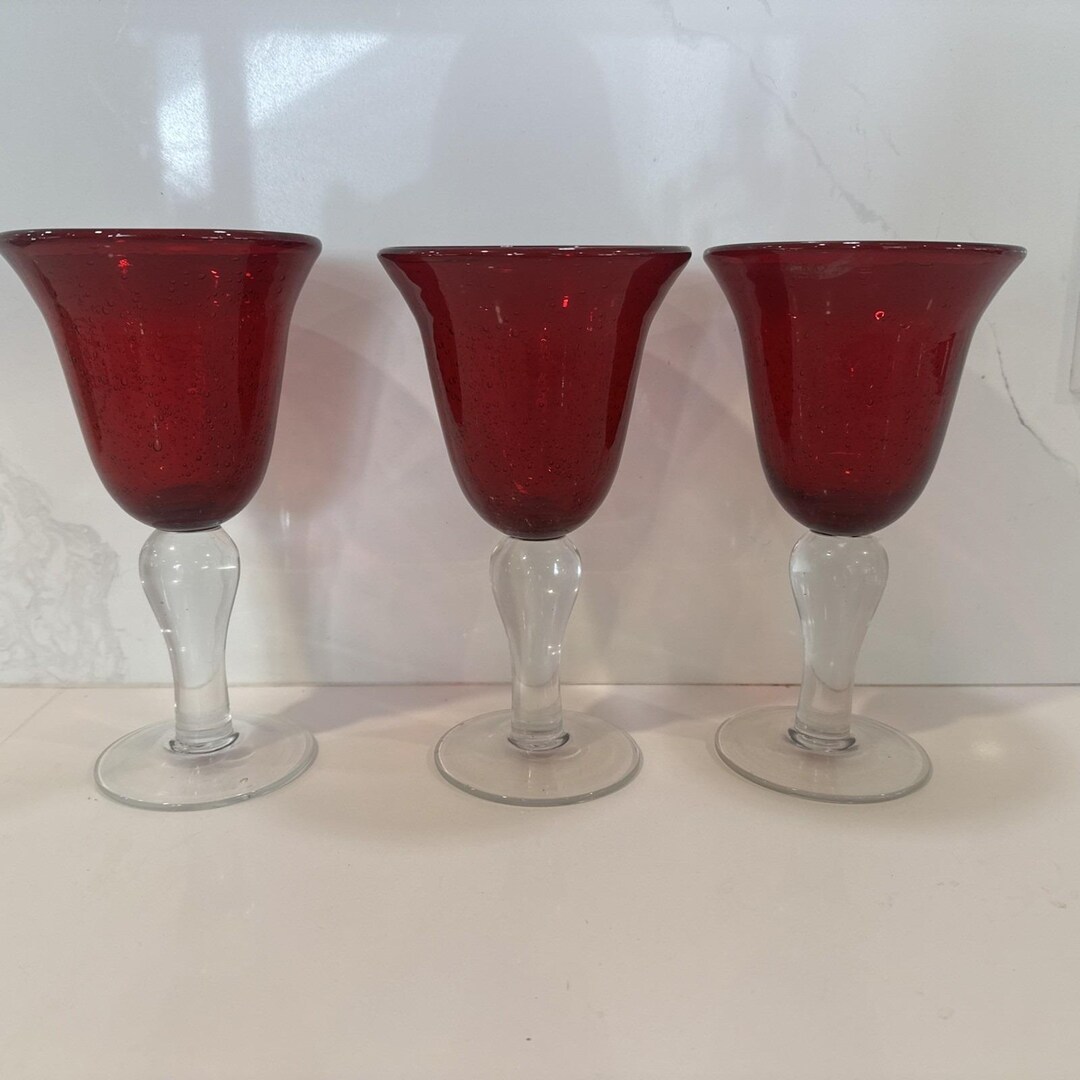 3 Vintage Artland Hand Blown Red Bubble Art Glass Goblet/ Wine Glasses ...