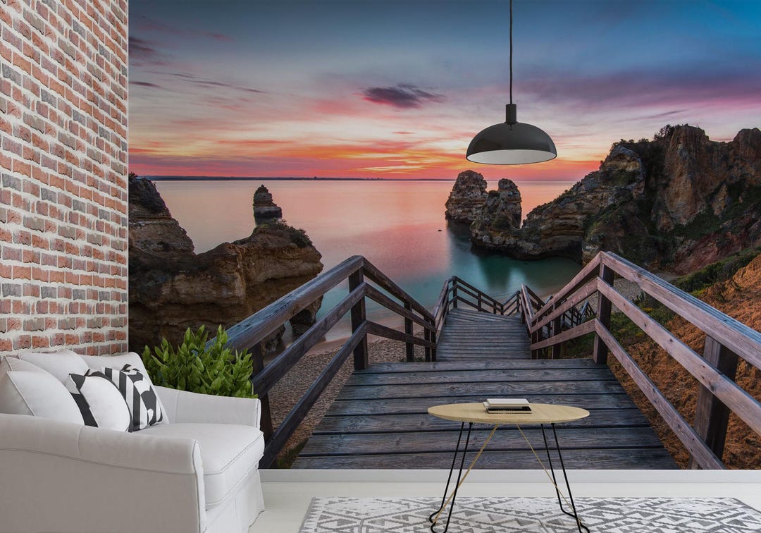 Sunset Beach Wall Mural, Coastal Staircase Ocean View Peel and Stick ...
