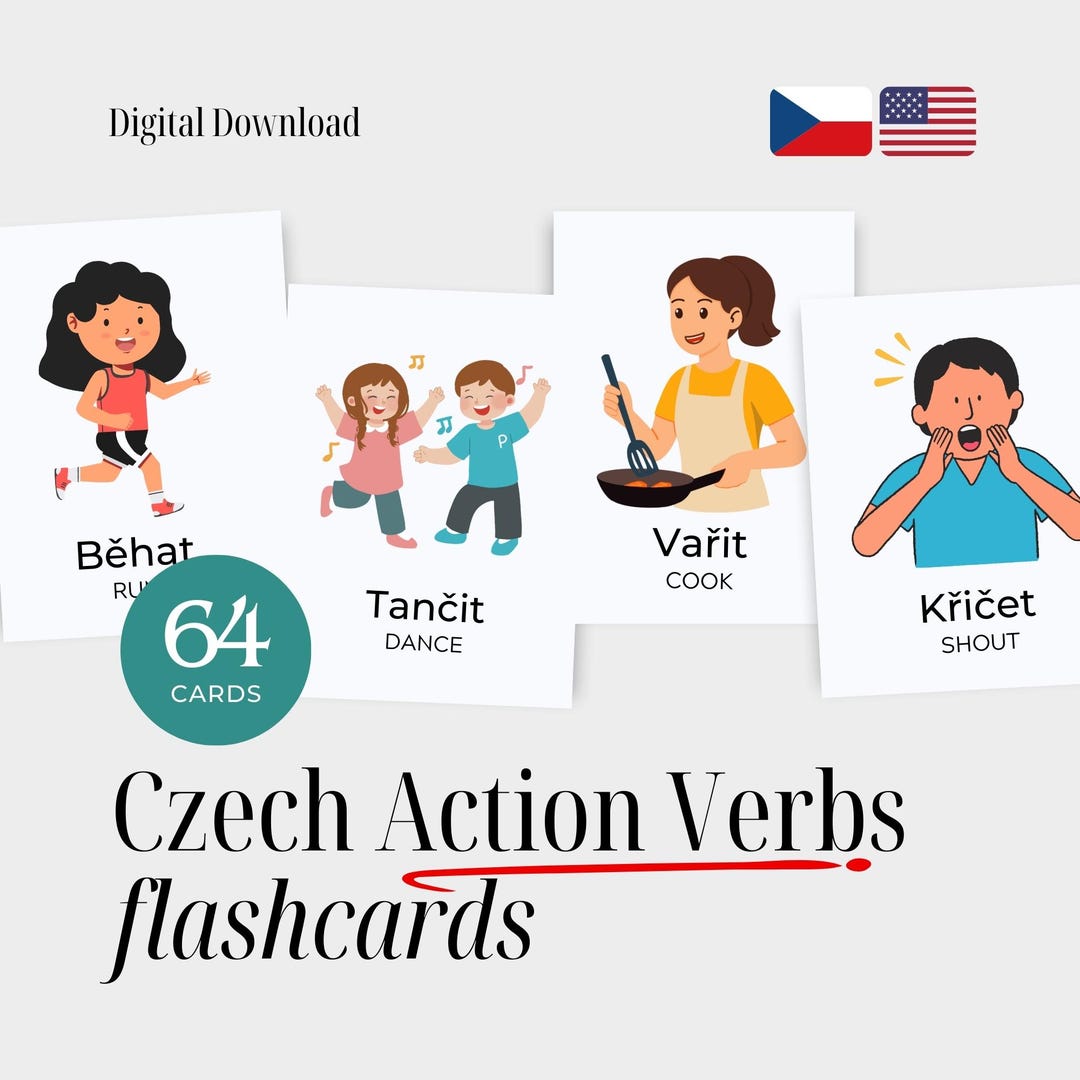 Czech Action Verbs Flashcards - 64 Printable Cards With English Translation - Czech Verbs ...
