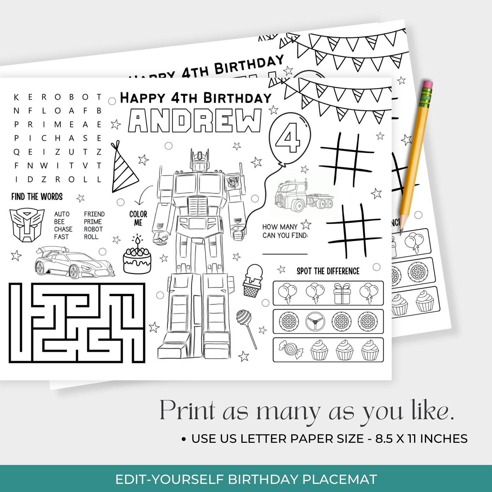 Editable Autobots Birthday Activity Placemat for Kids – Birthday Table ...