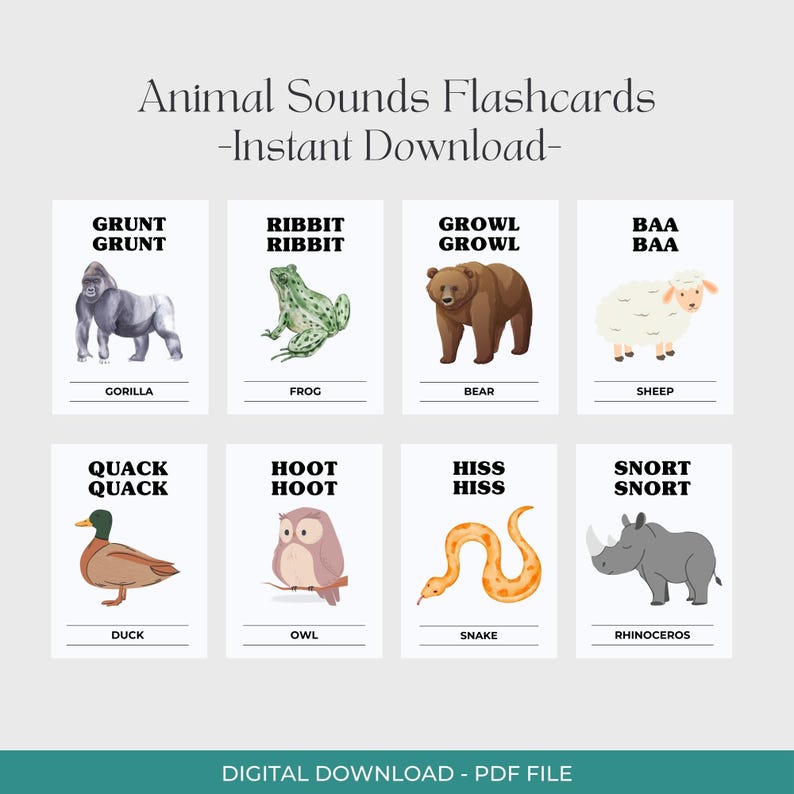 Animal Sounds Flashcards for Kids – 56 Printable Cards | Animal Flash ...