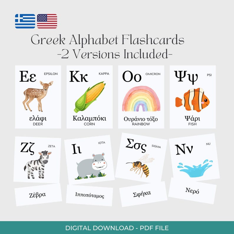 Greek Alphabet Flashcards With English Translations – Bilingual ...