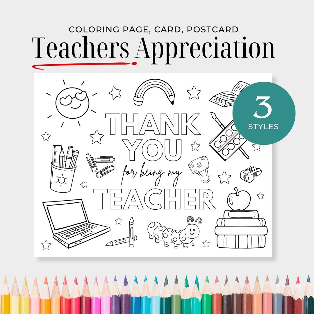 Teacher Appreciation Coloring Card | Printable Thank You Card | 3 Sizes ...
