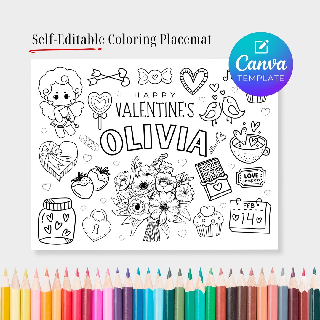 Editable Valentine's Day Coloring Placemat Kids Table Decor ...