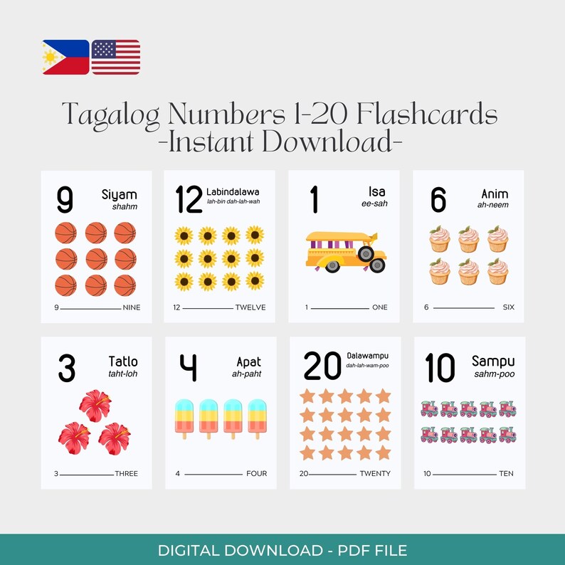 Filipino Numbers 1-20 Flashcards With English Translations – Bilingual ...