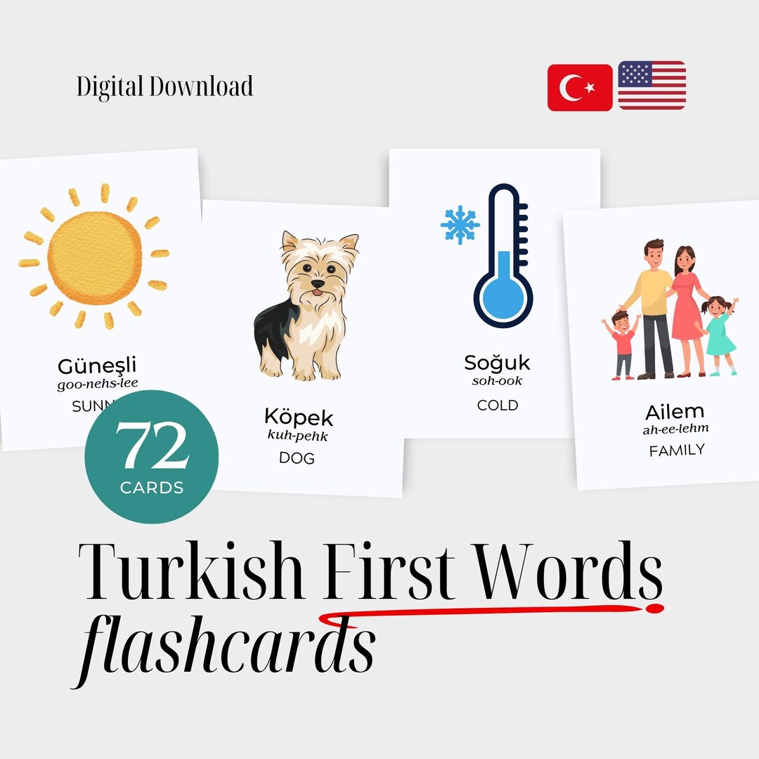 Turkish First Words Flashcards (72 Cards) Printable Turkish English ...