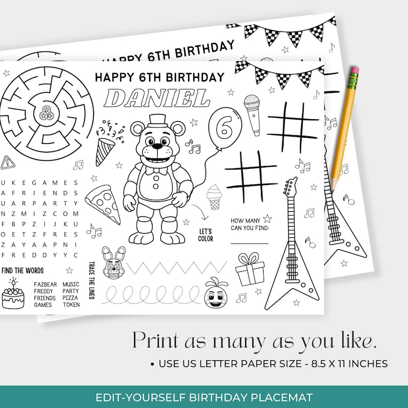 Editable Five Nights Freddy Birthday Activity Placemat for Kids ...