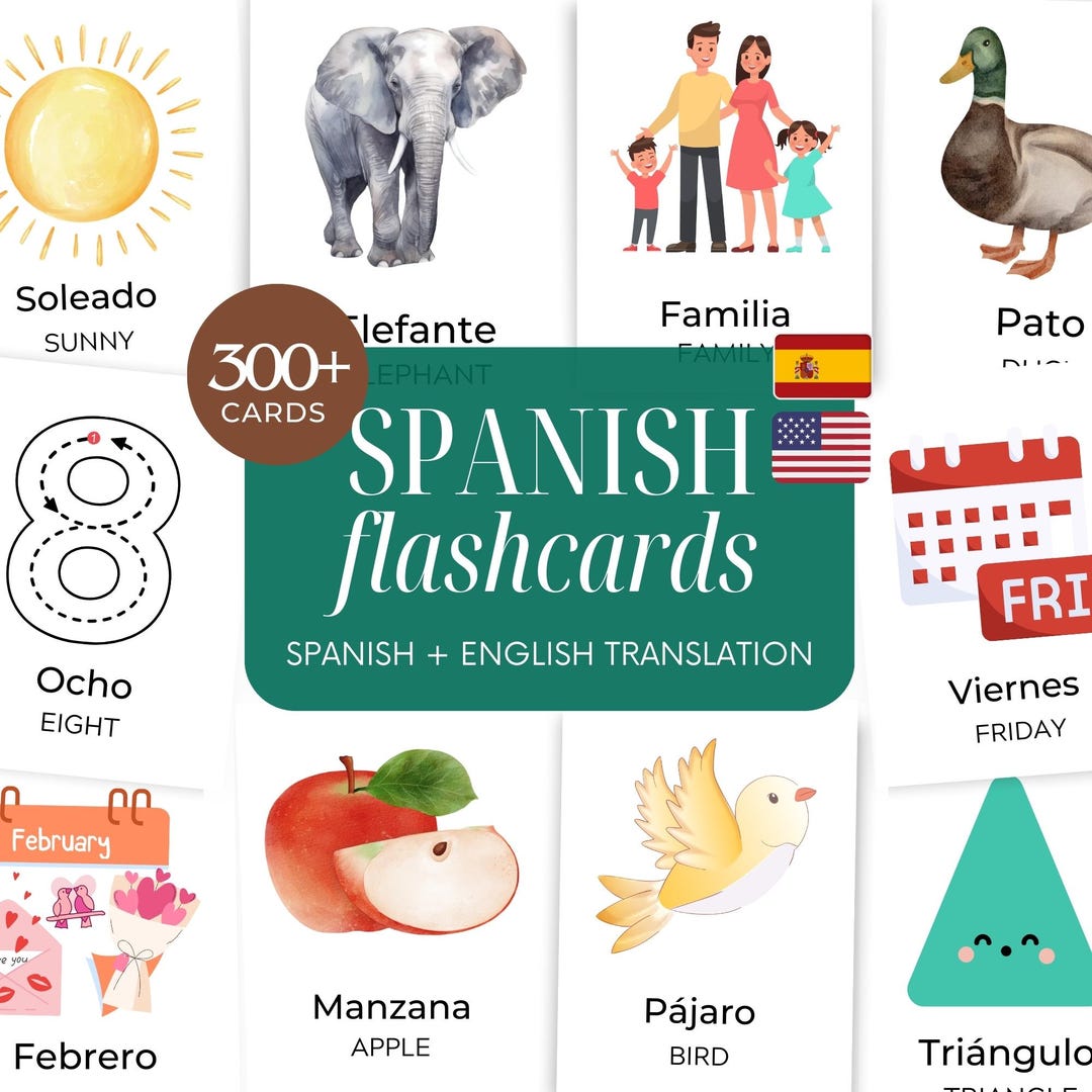 Spanish English Flashcards: 300+ Bilingual Vocabulary Cards (digital ...