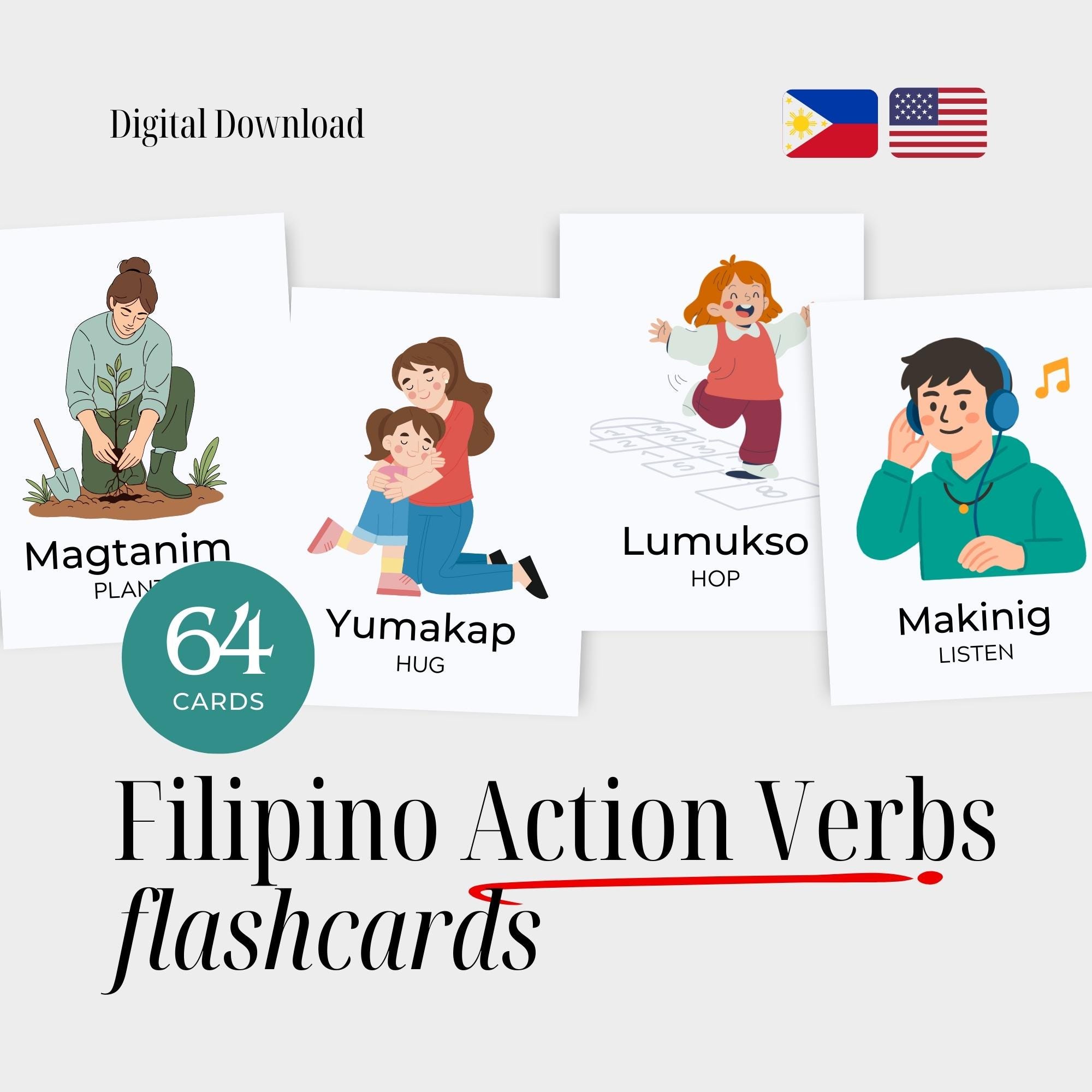 Filipino Action Verbs Flashcards - 64 Printable Cards With English ...