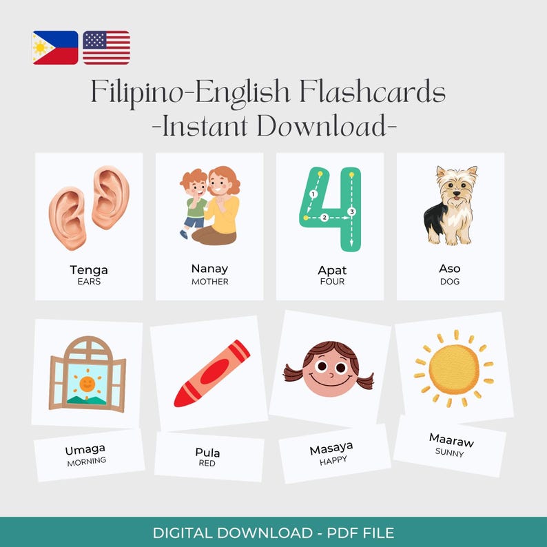 Filipino First Words Flashcards With English Translations – 72 ...