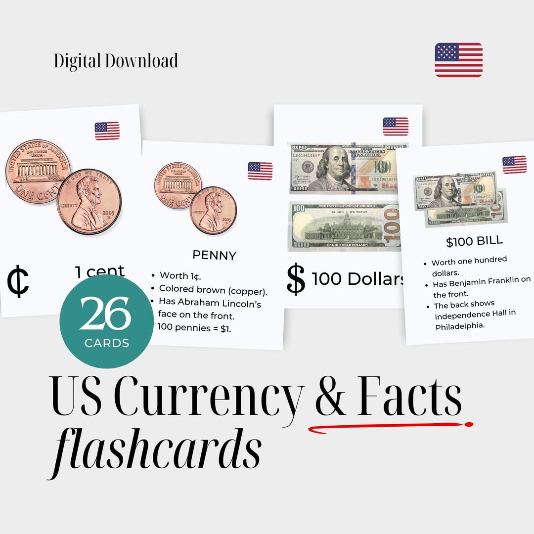 US Currency Flashcards for Kids - 26 Printable Cards | Money Learning ...