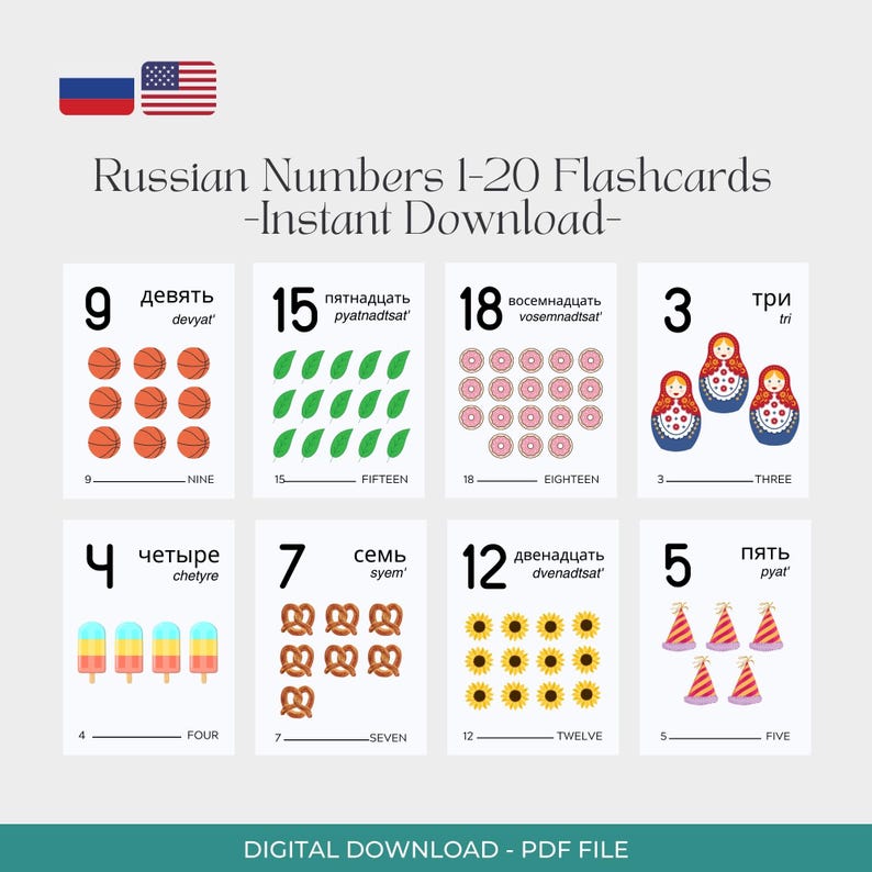Russian Numbers 1-20 Flashcards for Kids | Russian With English ...