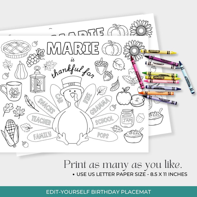 Editable Thanksgiving Kids Placemat Printable – Coloring Activity for ...