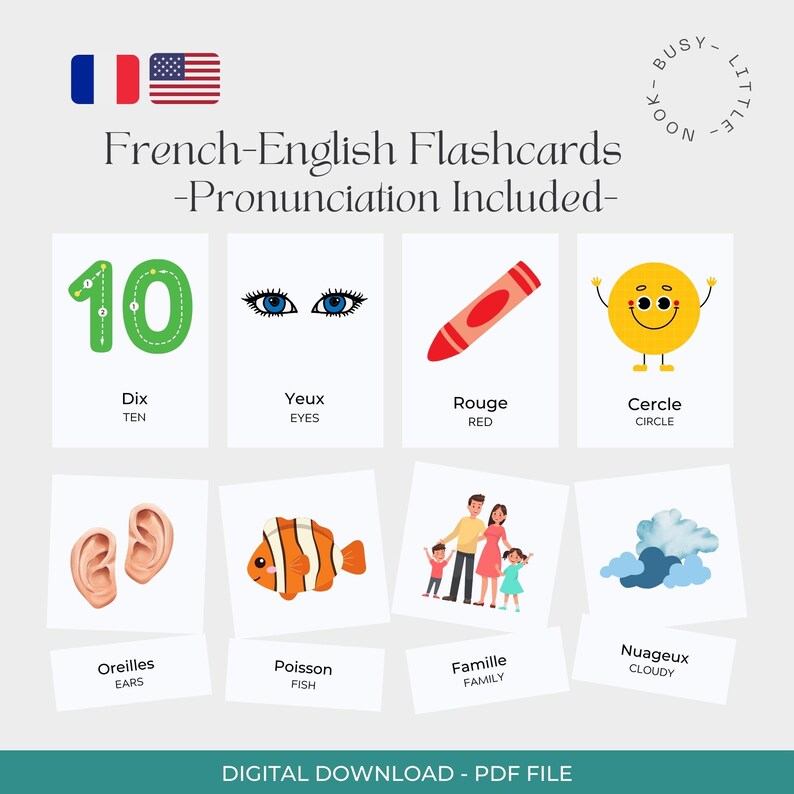 French First Words Flashcards With English Translations – 72 Bilingual ...