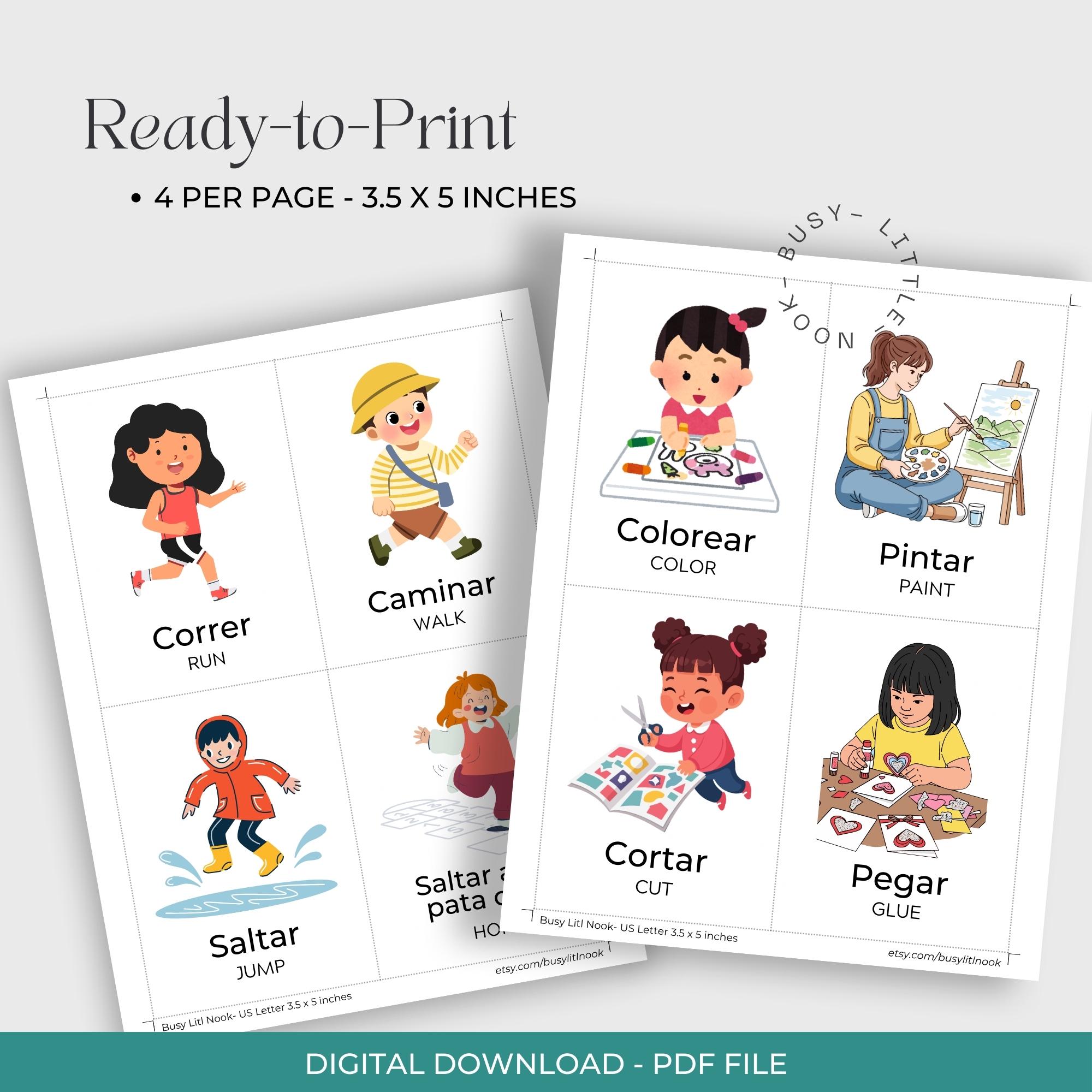 Spanish Action Verbs Flashcards - 64 Printable Cards W/ English ...