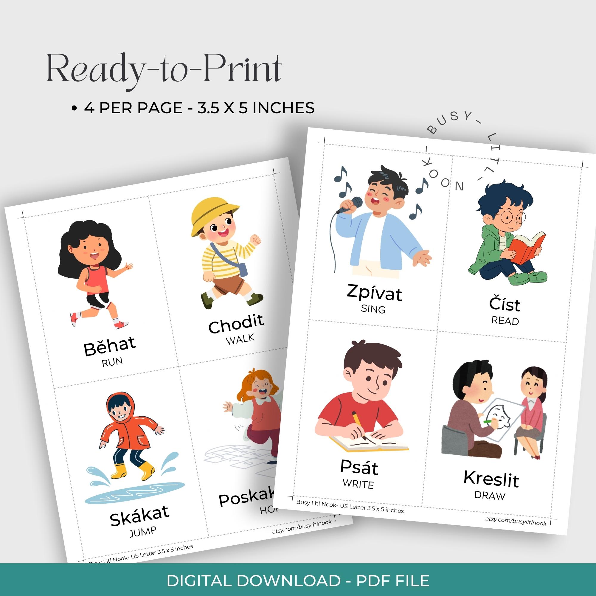 Czech Action Verbs Flashcards - 64 Printable Cards With English ...