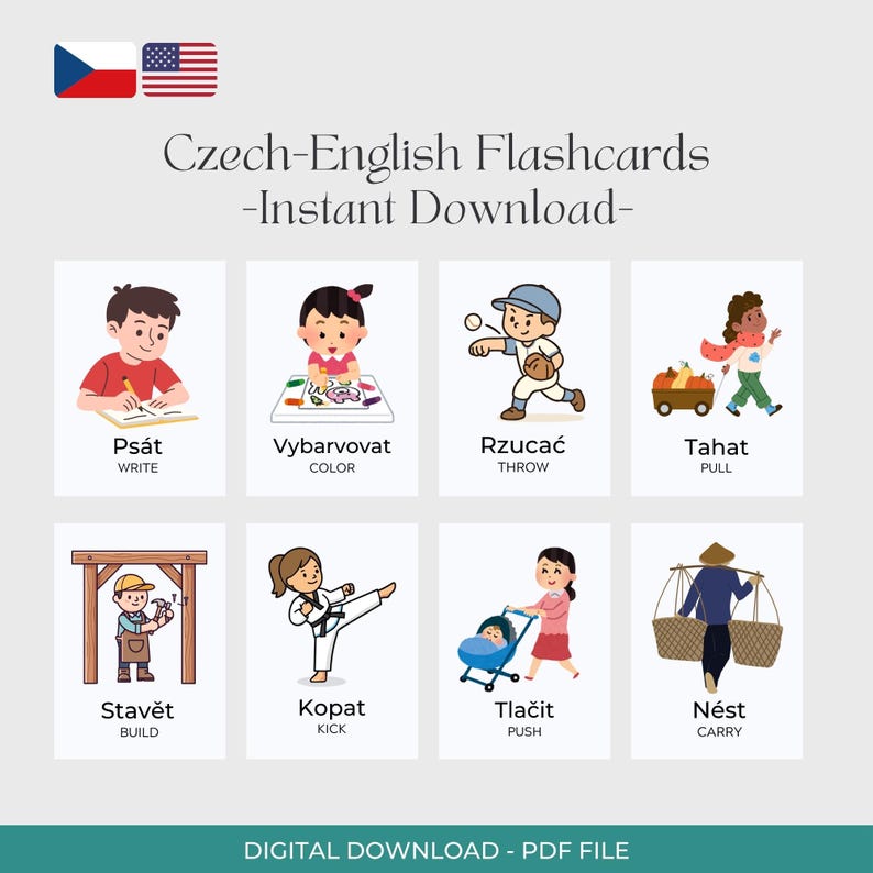 Czech Action Verbs Flashcards - 64 Printable Cards With English ...
