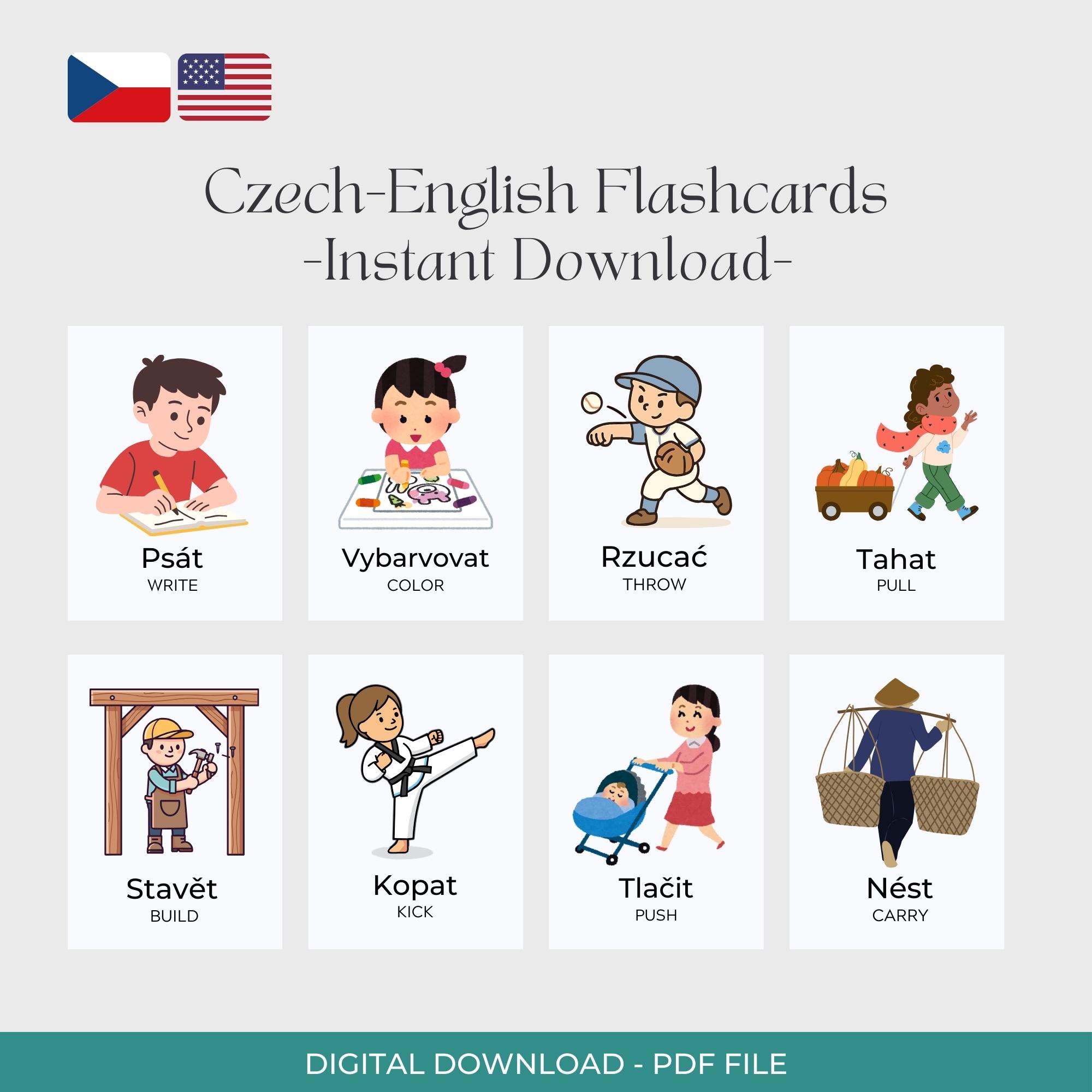 Czech Action Verbs Flashcards - 64 Printable Cards With English ...