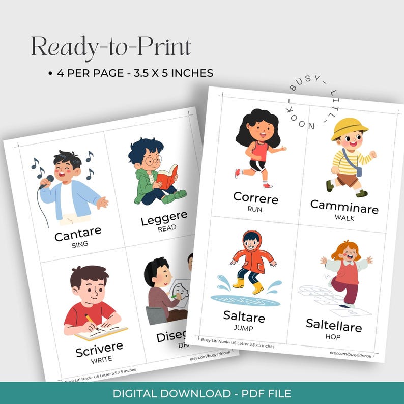 Italian Action Verbs Flashcards - 64 Printable Cards W/ English ...