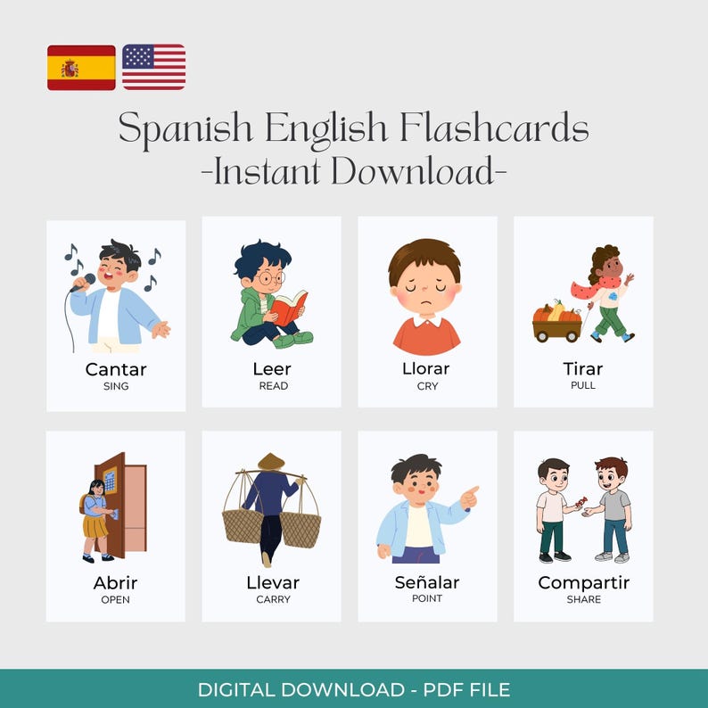 Spanish Action Verbs Flashcards - 64 Printable Cards W/ English ...