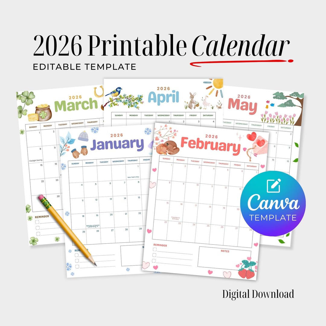 2026 School Year Printable Monthly Calendar – Editable Kids Planner ...