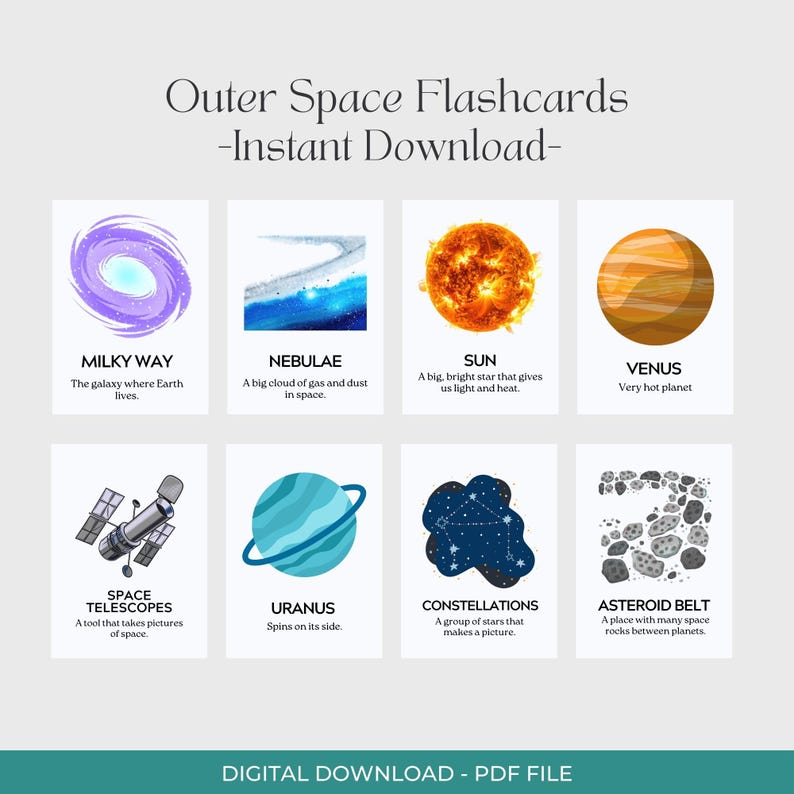 Outer Space Flashcards for Kids - 40 Space Cards Printable - Solar ...