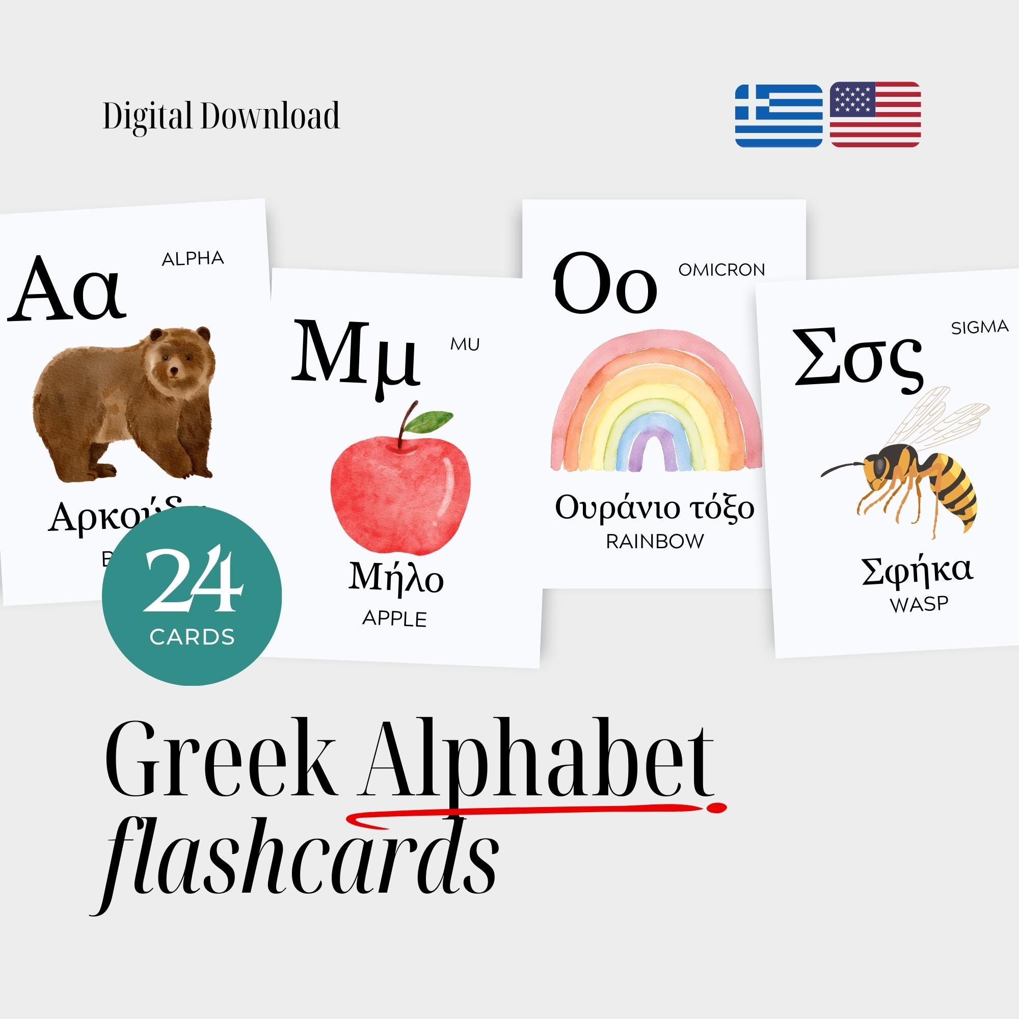 Greek Alphabet Flashcards With English Translations – Bilingual ...