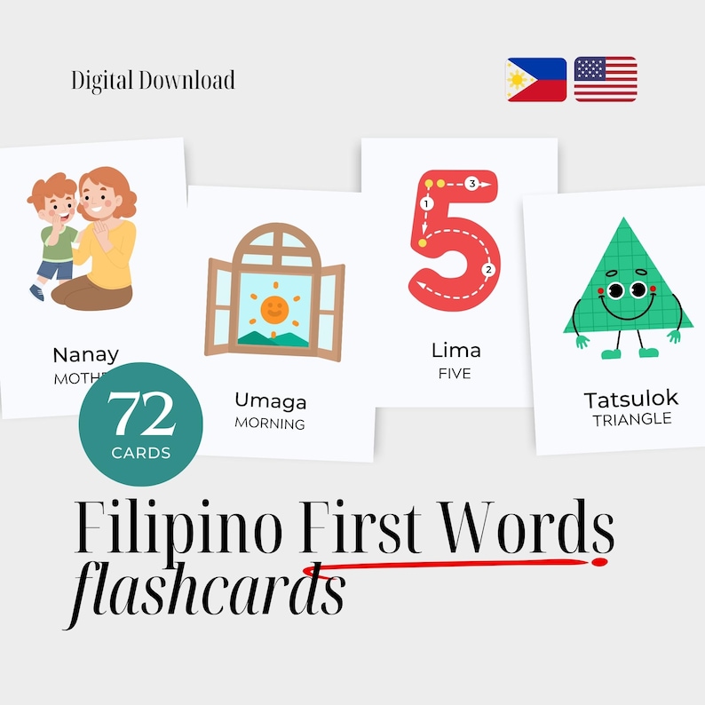 Filipino First Words Flashcards With English Translations – 72 ...