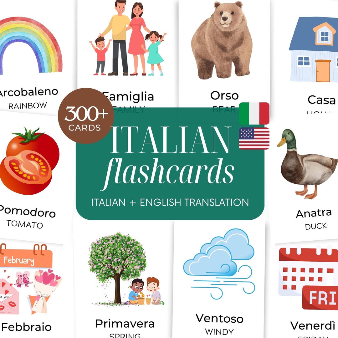 Italian English Flashcard Bundle – 300+ Bilingual Cards With English ...