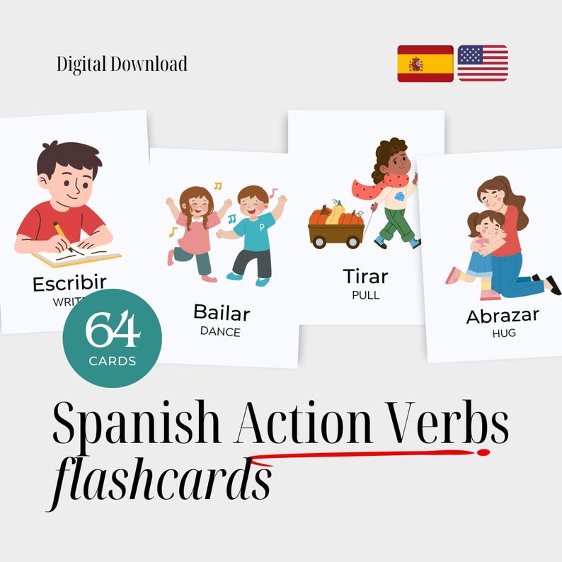 Spanish Action Verbs Flashcards - 64 Printable Cards W/ English ...