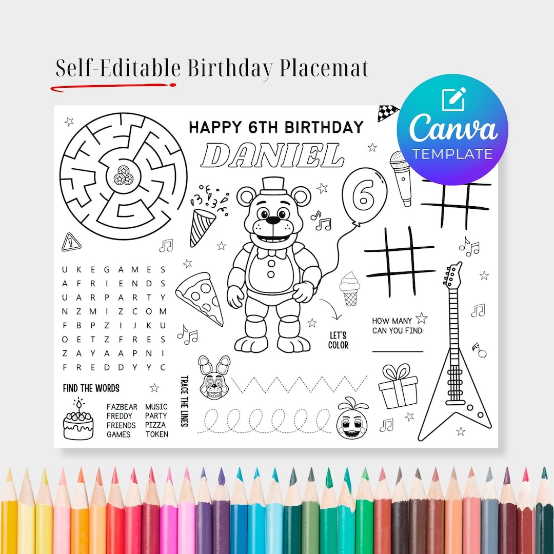 Editable Five Nights Freddy Birthday Activity Placemat for Kids ...
