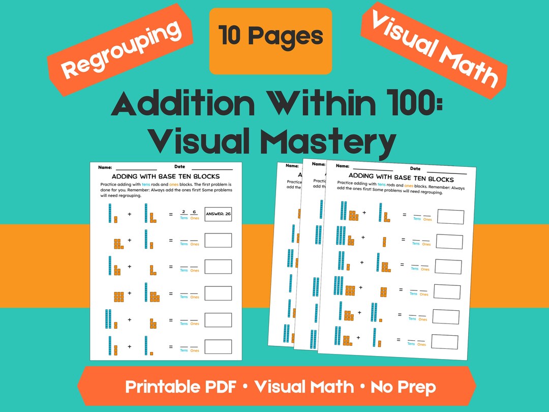 Addition & Regrouping Worksheets | Visual Math up to 100 (PDF) - Etsy