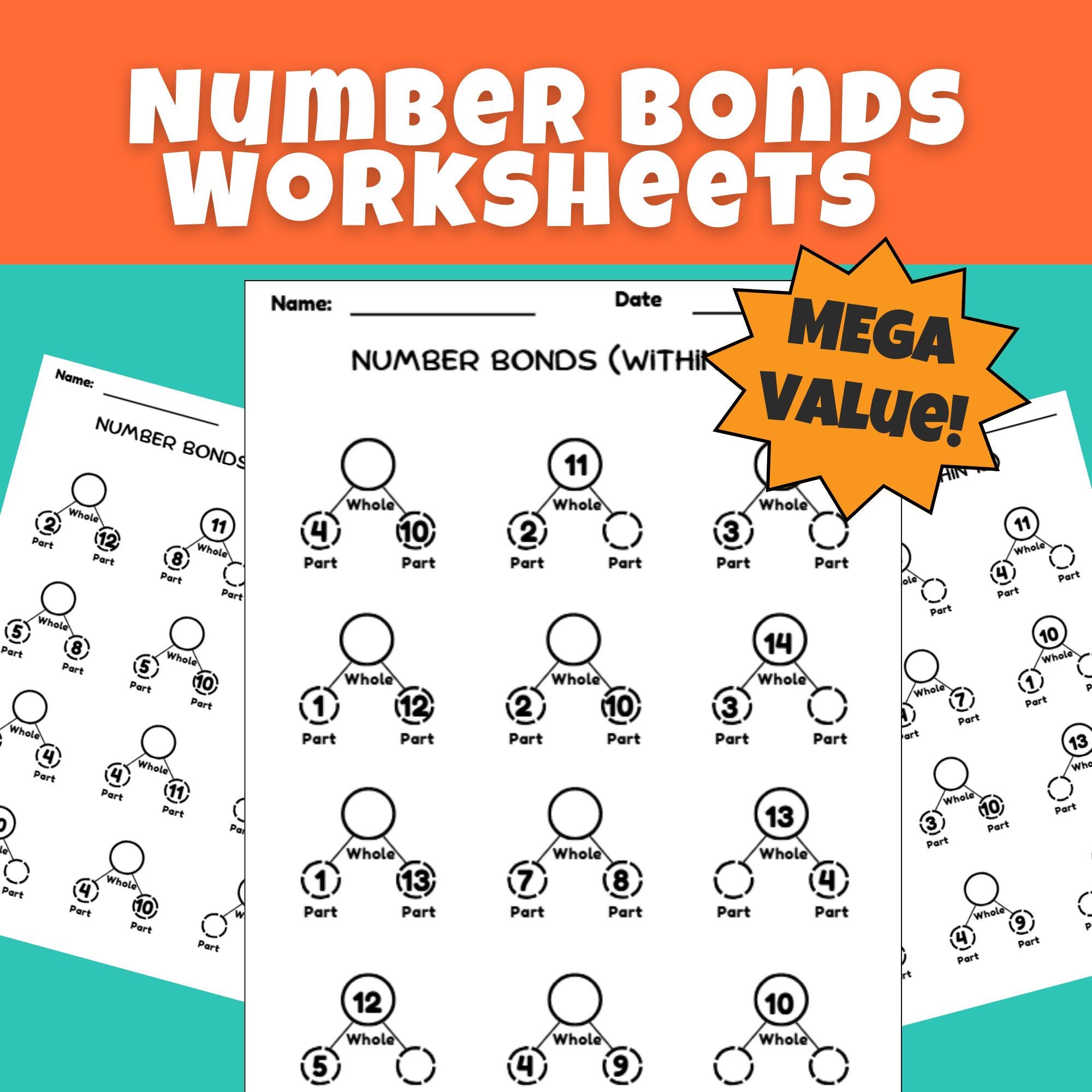 Number Bonds Worksheets BUNDLE | Within 10-15 (sets A–C) | Kindergarten ...