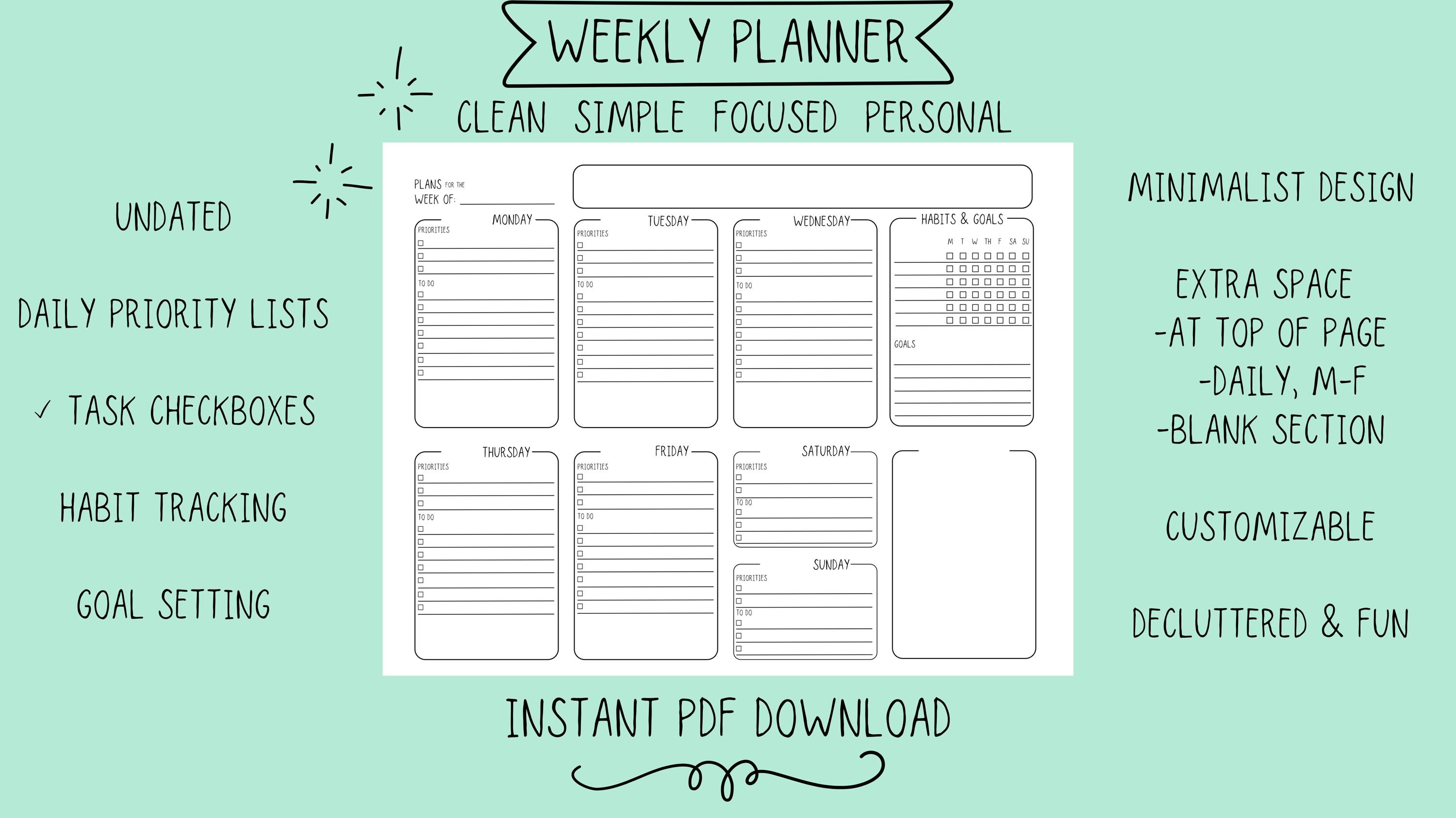 Minimalist Weekly Planner -simple - Daily Priority List, Tasks, Habit ...