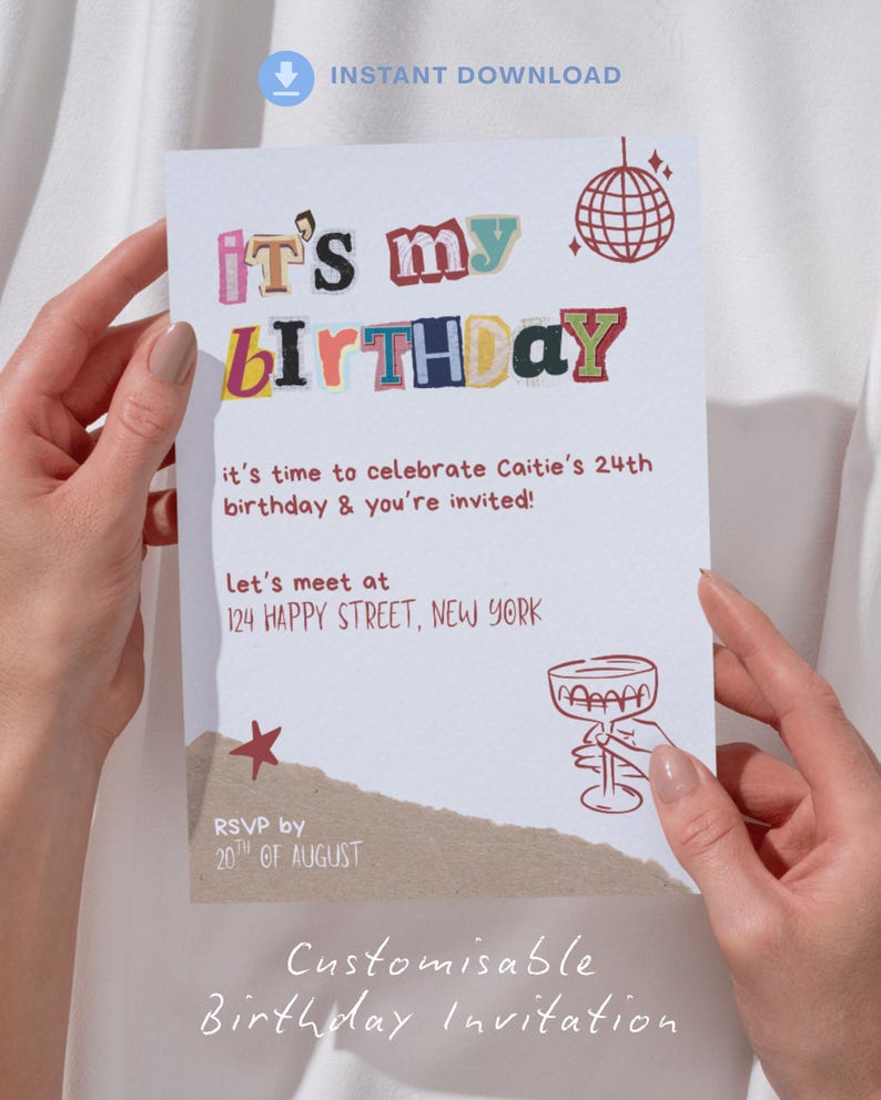 Customisable Birthday Invitation, Mismatched Newspaper Vibe, Martini ...