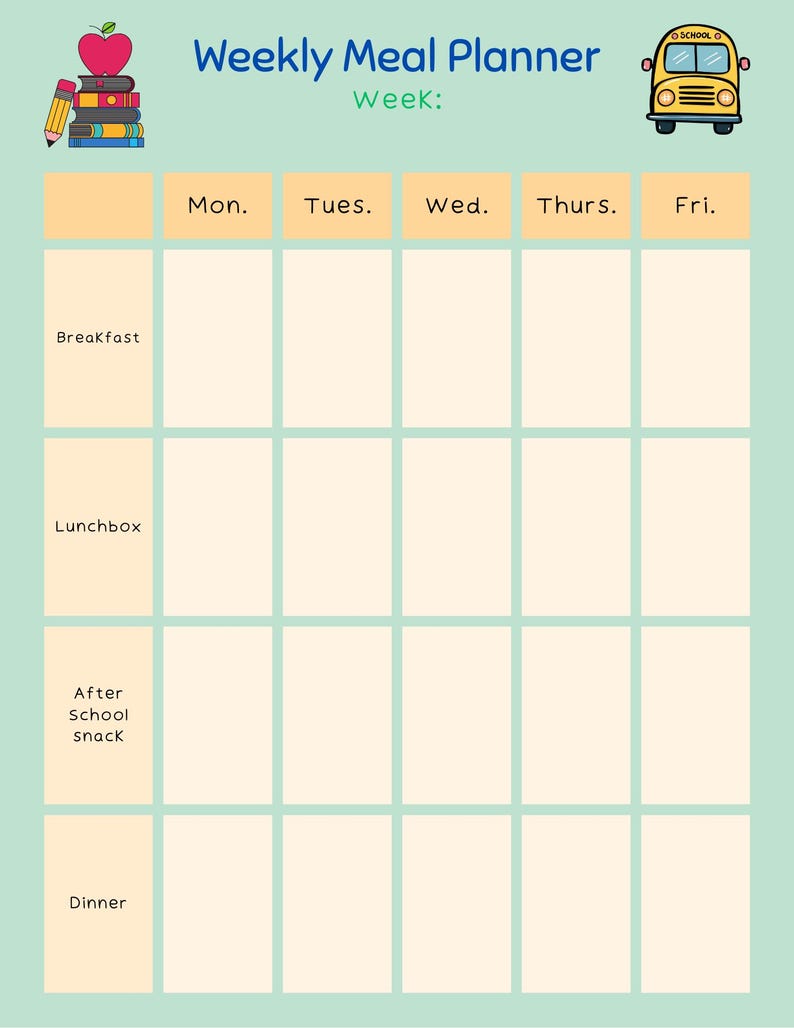 School Week Meal Planner, Printable & Canva Template, Kid-friendly Meal ...