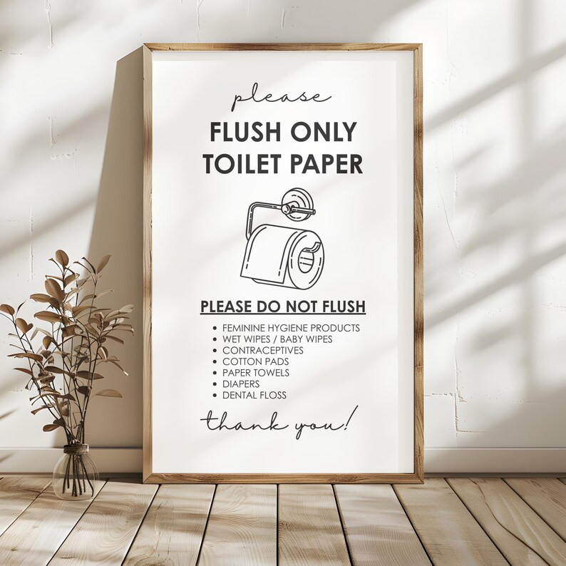 Flush Only Toilet Paper Sign: Modern Airbnb Bathroom Rules (PDF ...