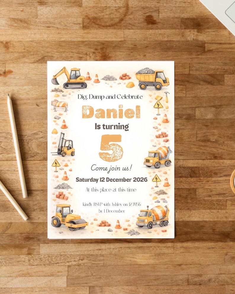 Editable Digger Birthday Invitation - Etsy