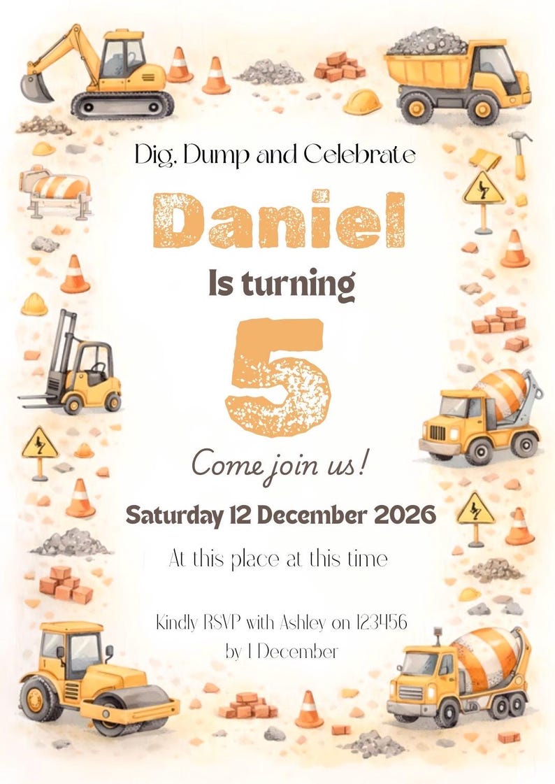 Editable Digger Birthday Invitation - Etsy