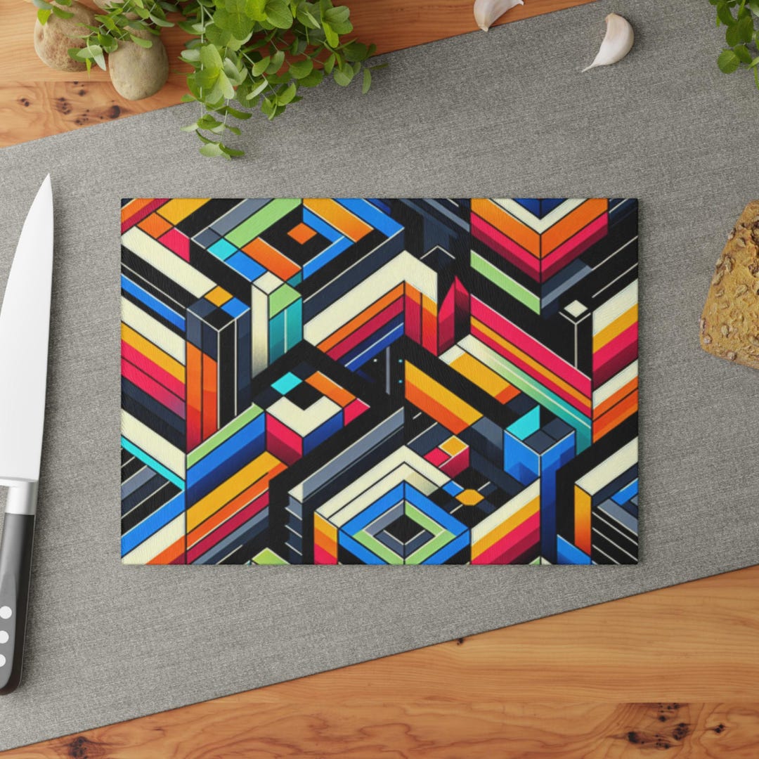 Geometric Retro Prism Pattern Glass Cutting Board | Colorful 3D Blocks ...