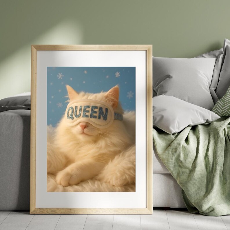Cozy Sleeping Cat Queen Art Print: Feminine Bedroom Decor (digital ...