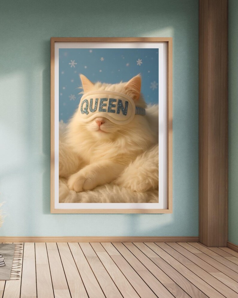 Cozy Sleeping Cat Queen Art Print: Feminine Bedroom Decor (digital ...