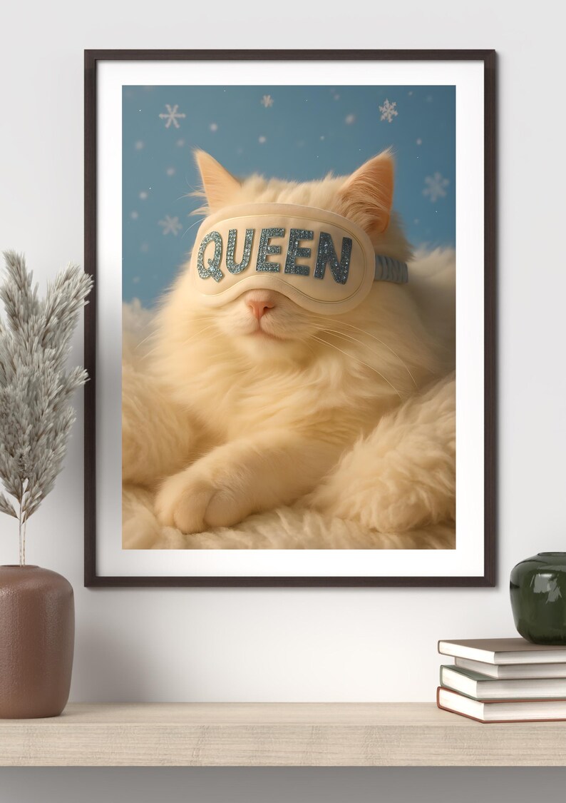Cozy Sleeping Cat Queen Art Print: Feminine Bedroom Decor (digital ...