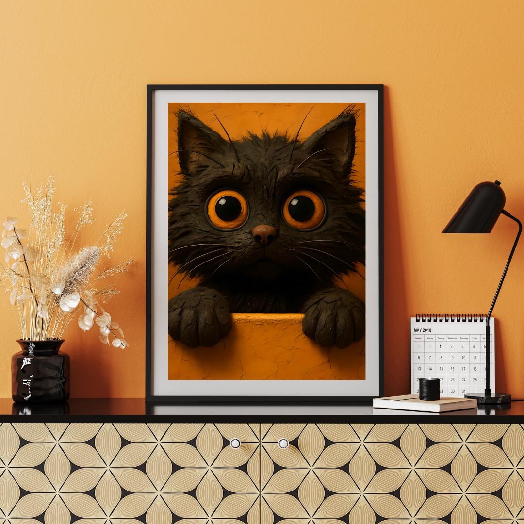 Black Cat Face Print: Playful Pet Poster, Orange Background (digital ...
