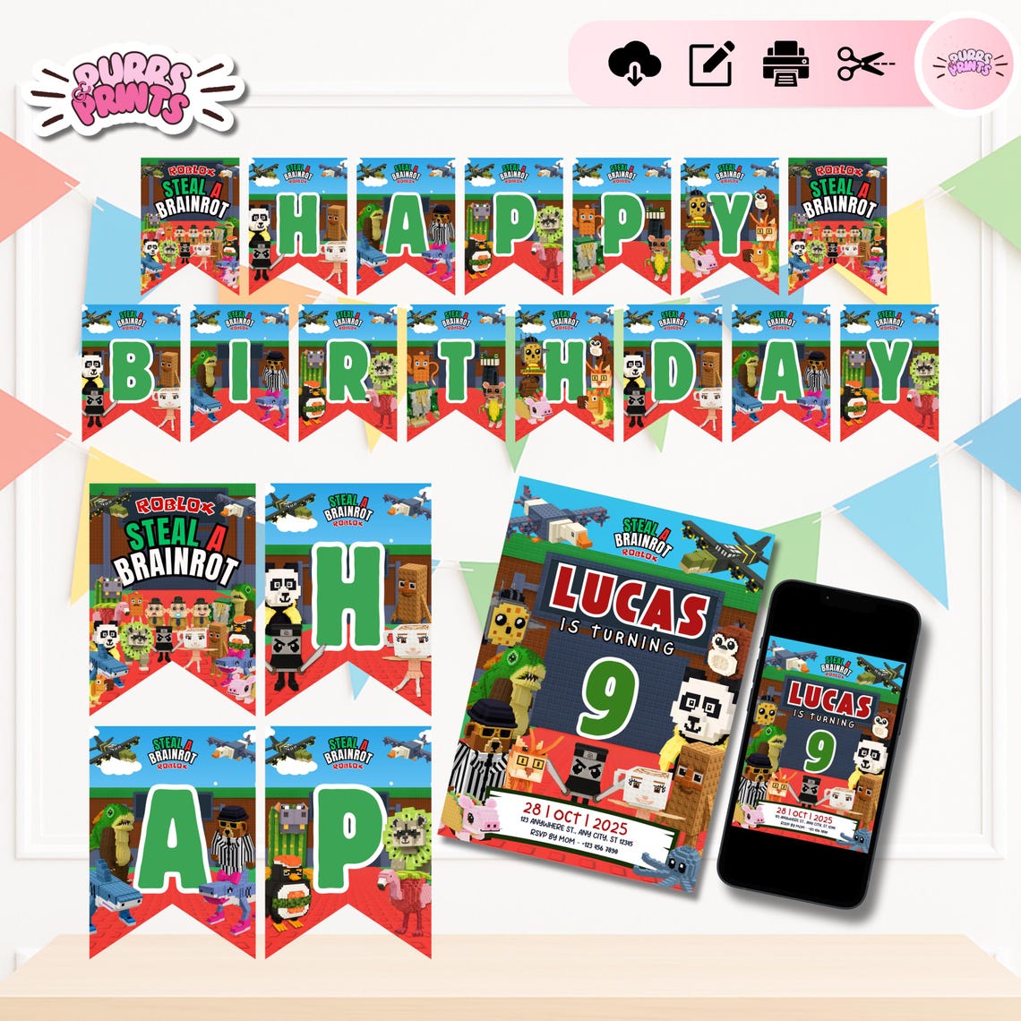 Editable Roblox Brainrot Birthday Party Printables 10in1 Bundle, Canva ...