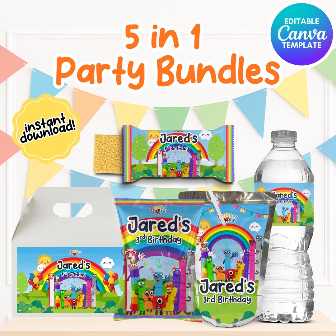 Editable Numberblocks Birthday Party Favor Labels, 5 in 1 Bundle, Canva ...
