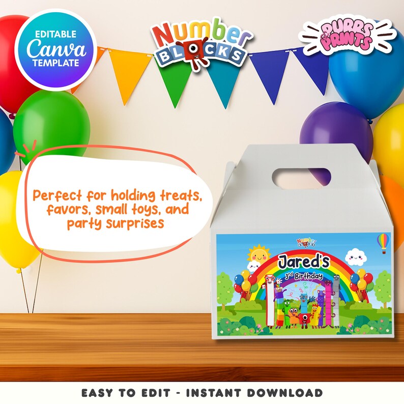 Editable Numberblocks Gable Box Template, Birthday Party Decor, Canva ...