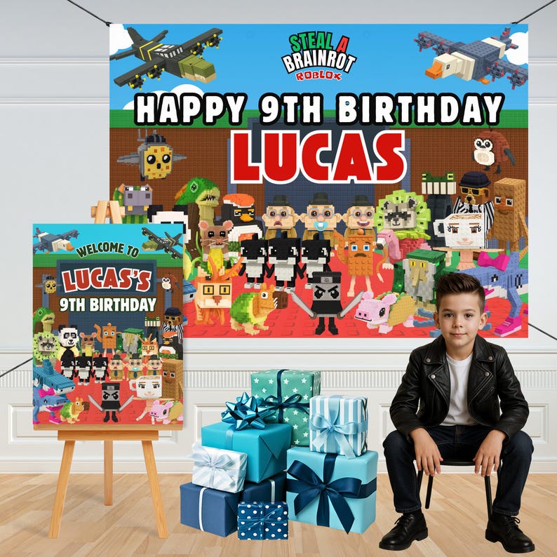Roblox Steal a Brainrot Birthday Banner: Gamer Party Backdrop, Instant ...