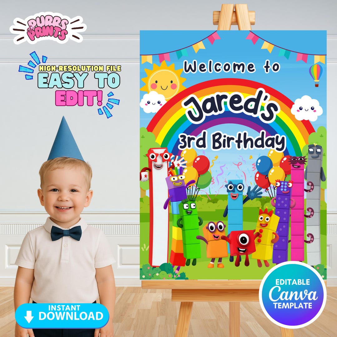 Editable Numberblocks Birthday Welcome Sign, Party Decor, Canva ...