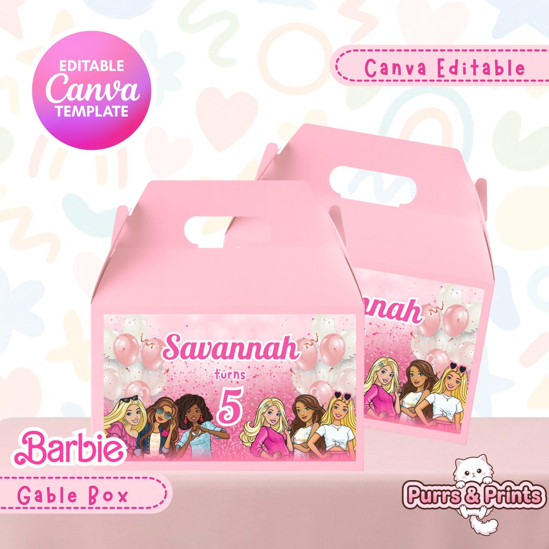 Pink Fashion Doll Gable Box Label | Custom Party Favor Box | Editable ...